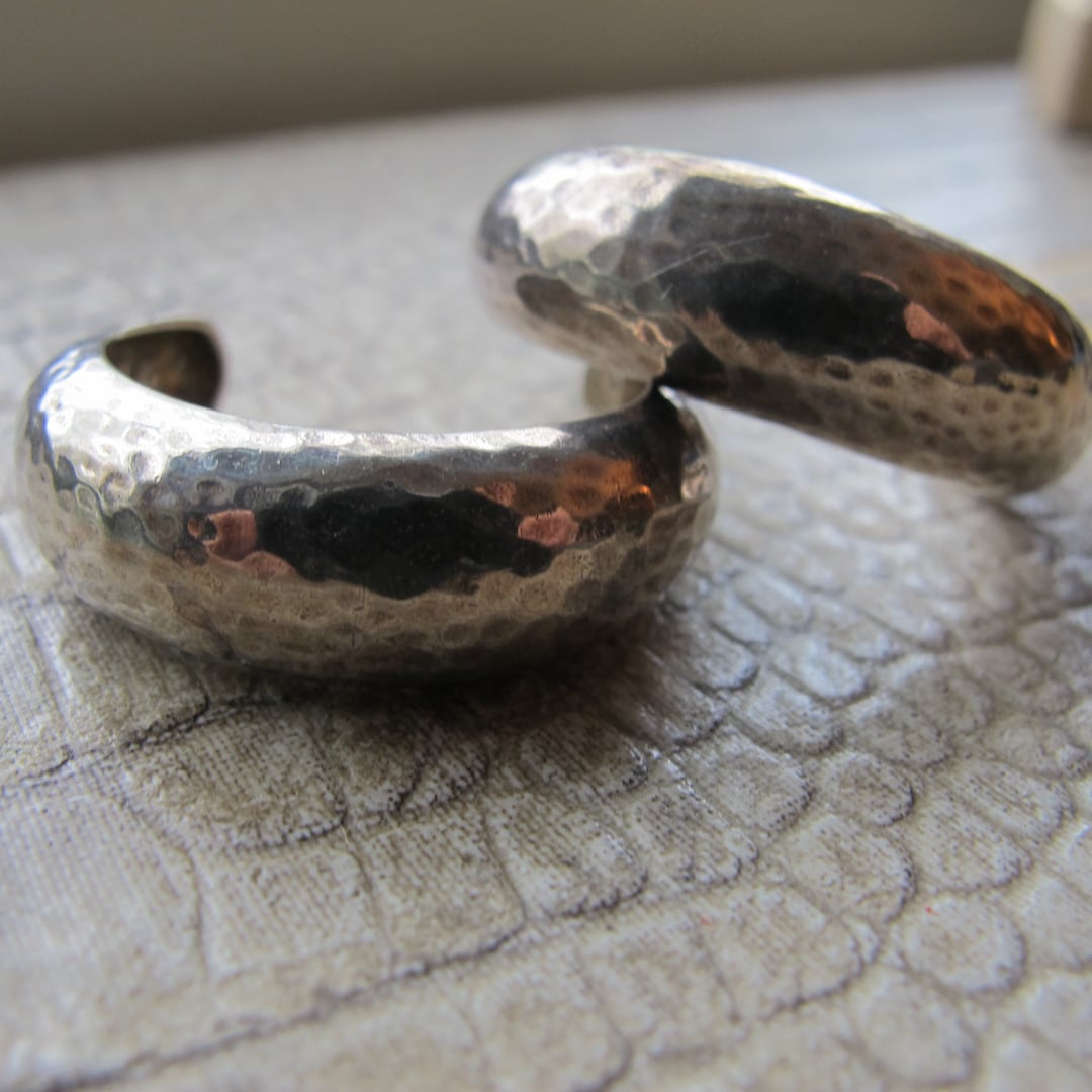 Hammered Silver Designer Signed Sterling 1/2 Hoop Pierced Earrings ...