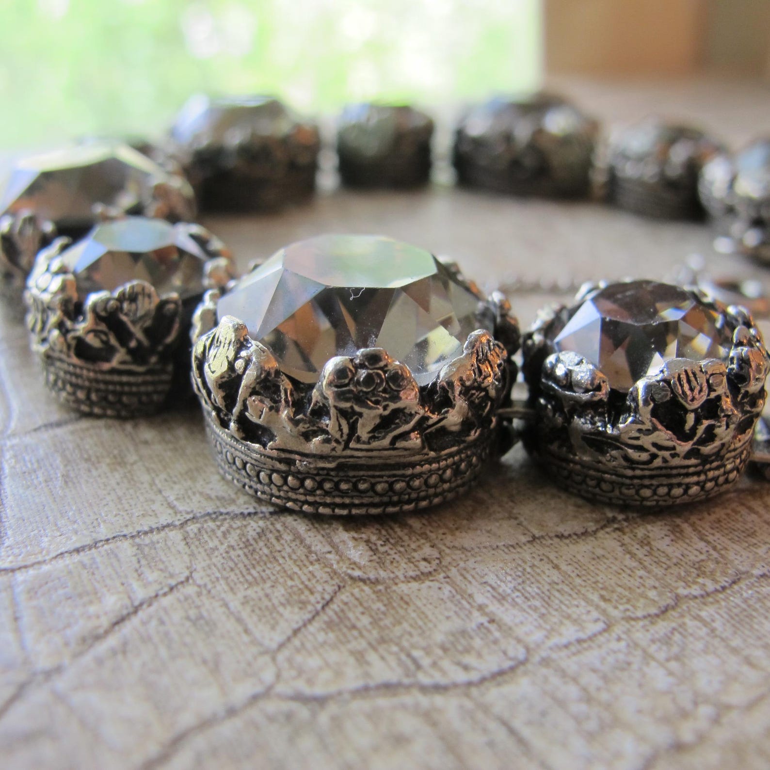 Brutalist Glamour Crystal Stone Gunmetal Gray Silver Tone Line ...
