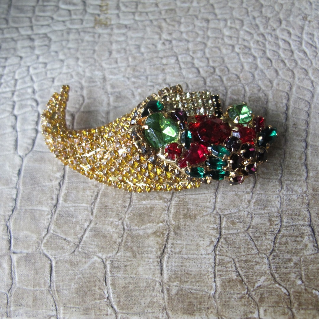 Horn of Plenty Cornucopia Designer Style Rhinestone Brooch Fall Autumn ...