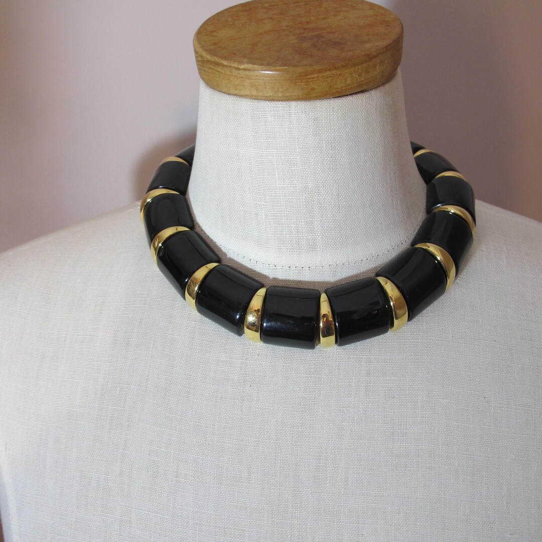 NAPIER Panel Link Statement COLLAR Necklace, Black & Gold Tone, Vintage ...
