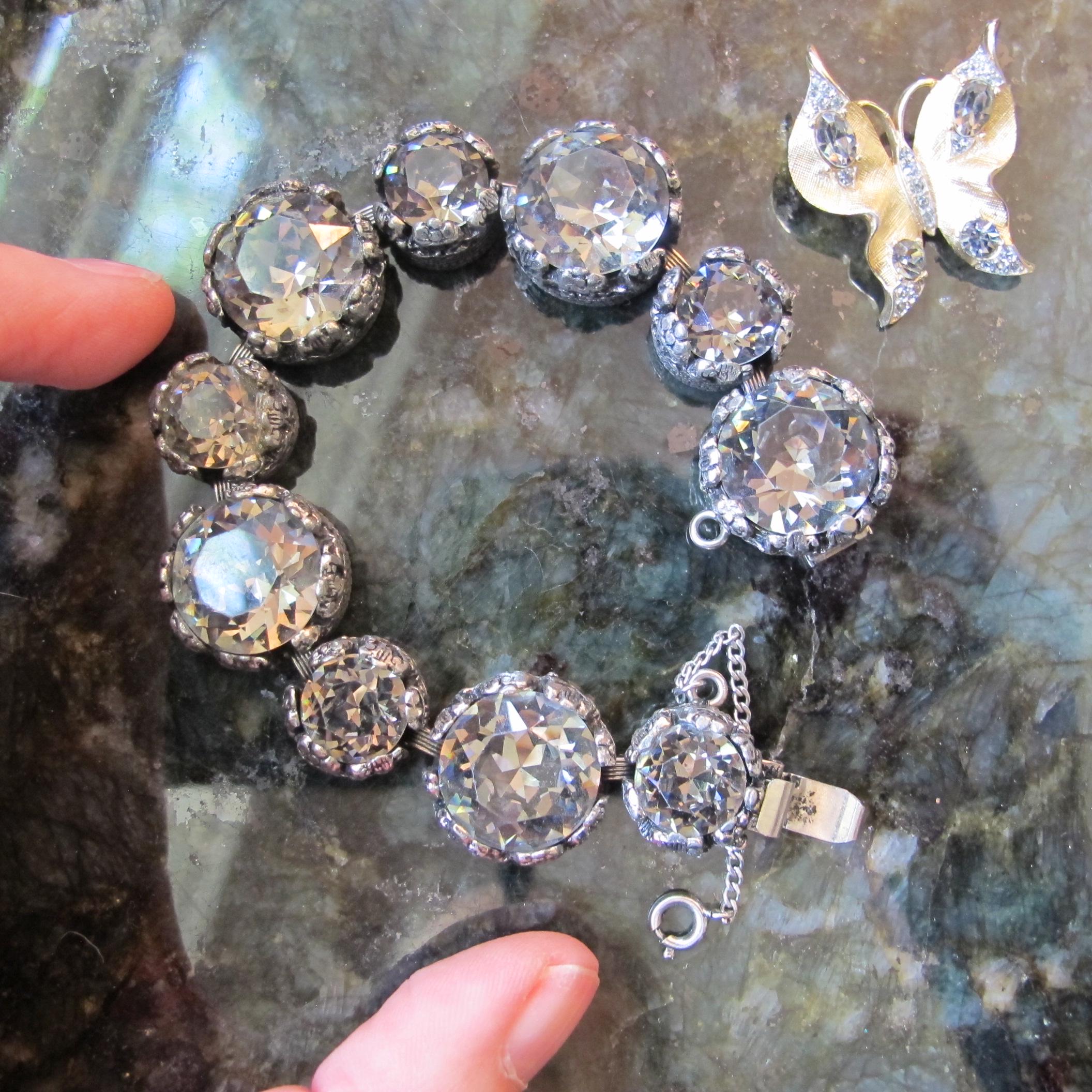 Brutalist Glamour Crystal Stone Gunmetal Gray Silver Tone Line ...