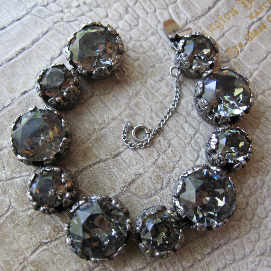 Brutalist Glamour Crystal Stone Gunmetal Gray Silver Tone Line ...