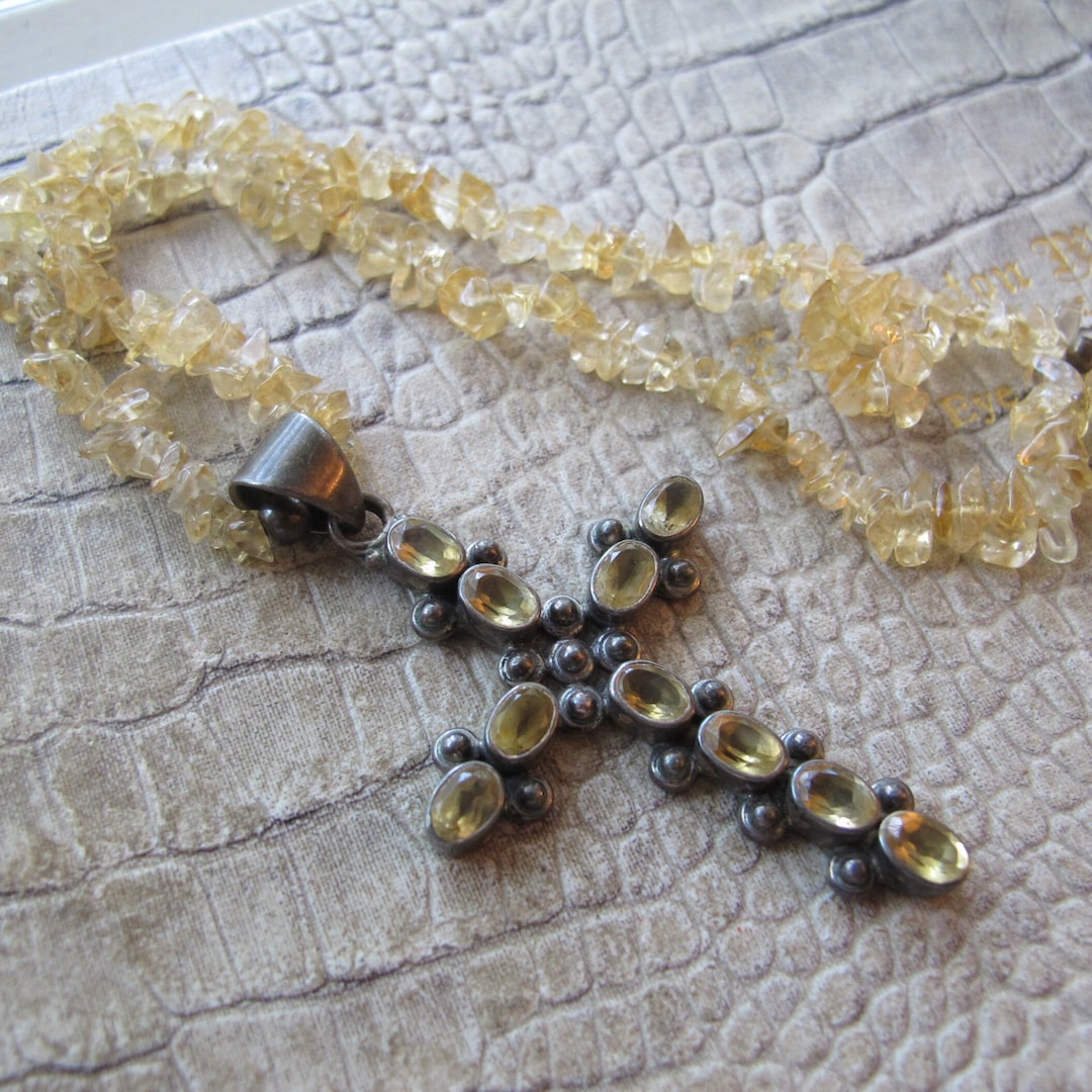 Designer Gemstone Citrine Bead Necklace & Stone, Sterling Silver Cross ...