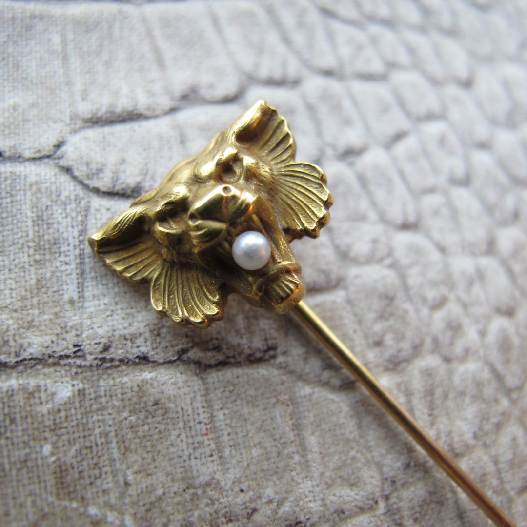14k Yellow Gold LION W Pearl Victorian Stickpin, Cravat Lapel Scarf Pin ...