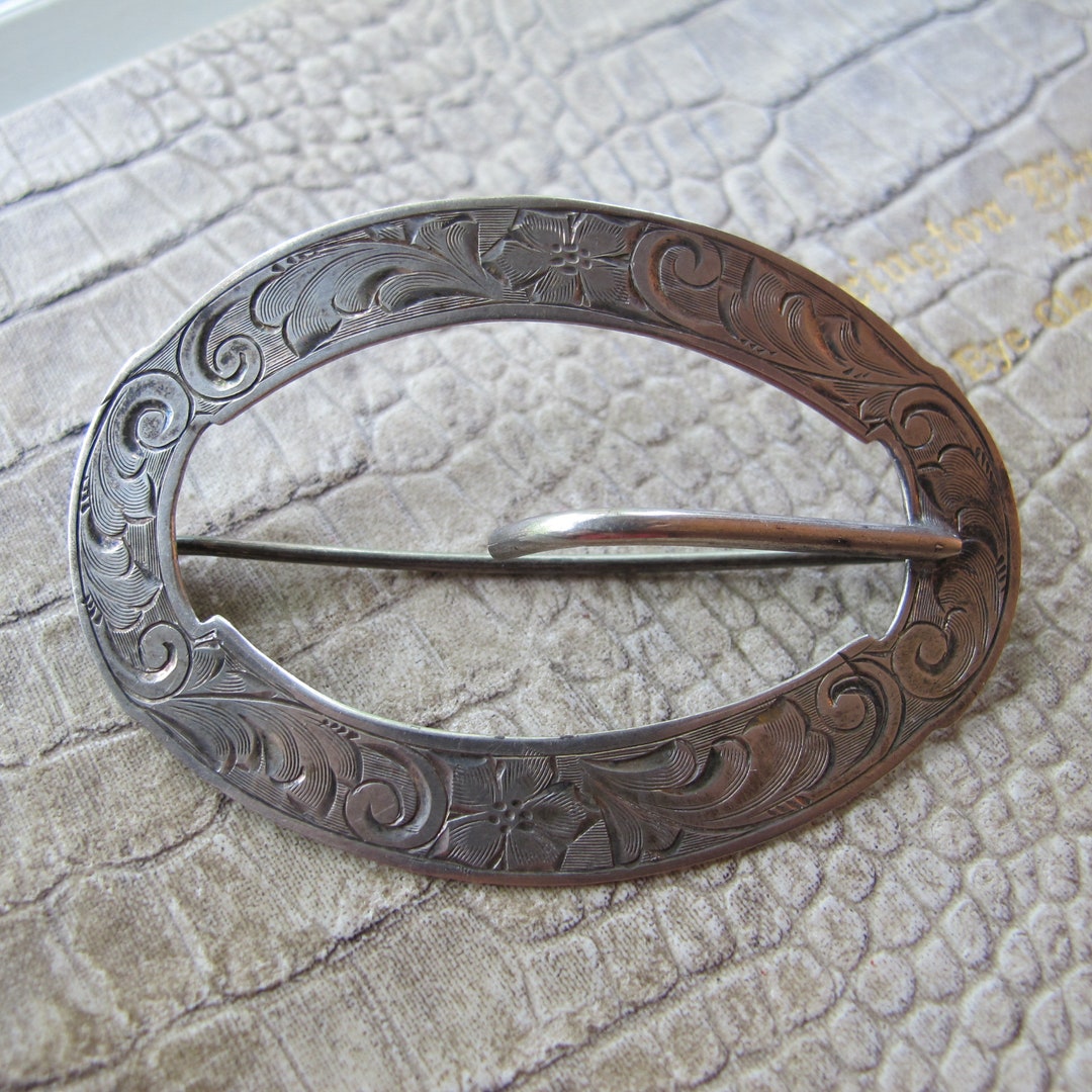 Sash Sterling Silver Antique Pin Brooch, Etched Floral Sterling Silver ...