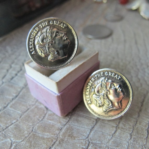 Alexander the Great Faux Coin Gold Tone Earrings, Cli… - Gem
