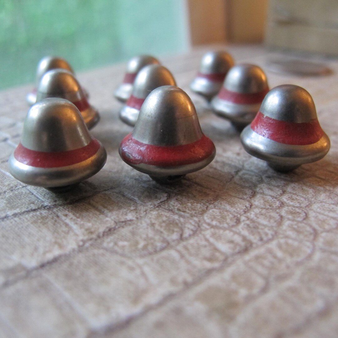 30s Era Silver Bell Shaped Buttons W/ Painted Red Band, 9 Buttons as ...