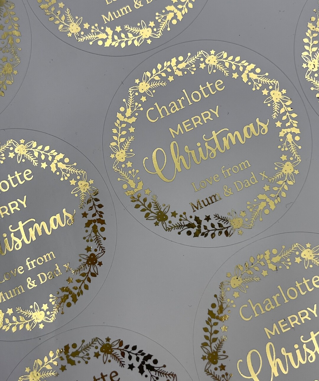 Personalised Christmas Wreath 2 Foiled Labels 50mm Round Stickers, Xmas ...