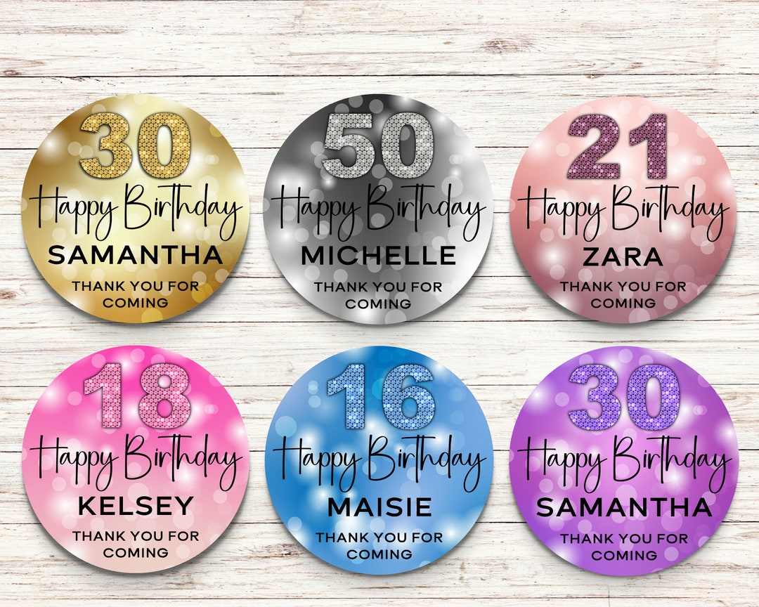 Personalised Birthday Age Glam Theme 50mm Round Stickers for Favours ...