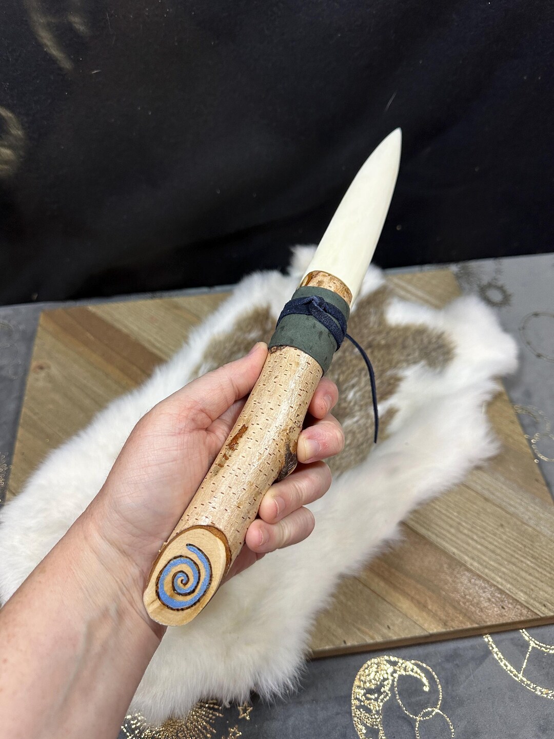 All Natural Athame Buffalo Bone Blade Blue Spiral Handmade Birch Wood ...