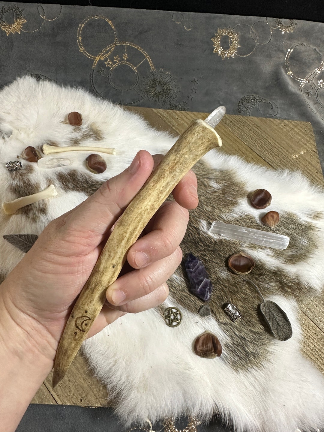 Wand Antler and Crystal Handmade Quartz Crystal Crescent Moon Wicca ...