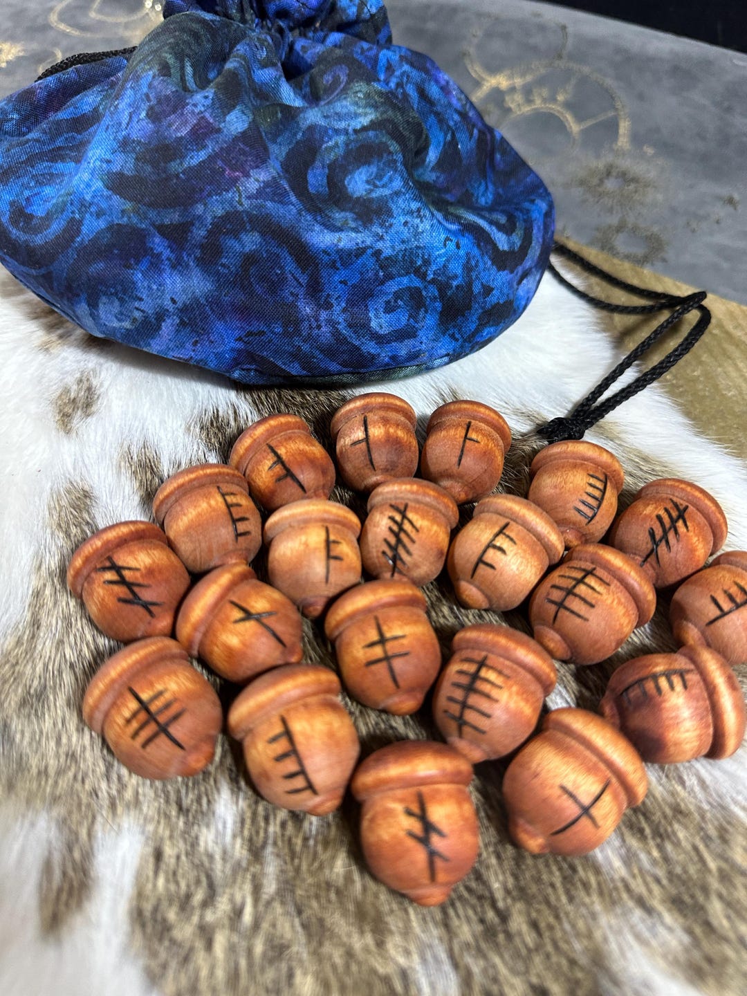 Ogham Acorn Set With Blue Spirals Drawstring Bag Natural Wood Pagan ...