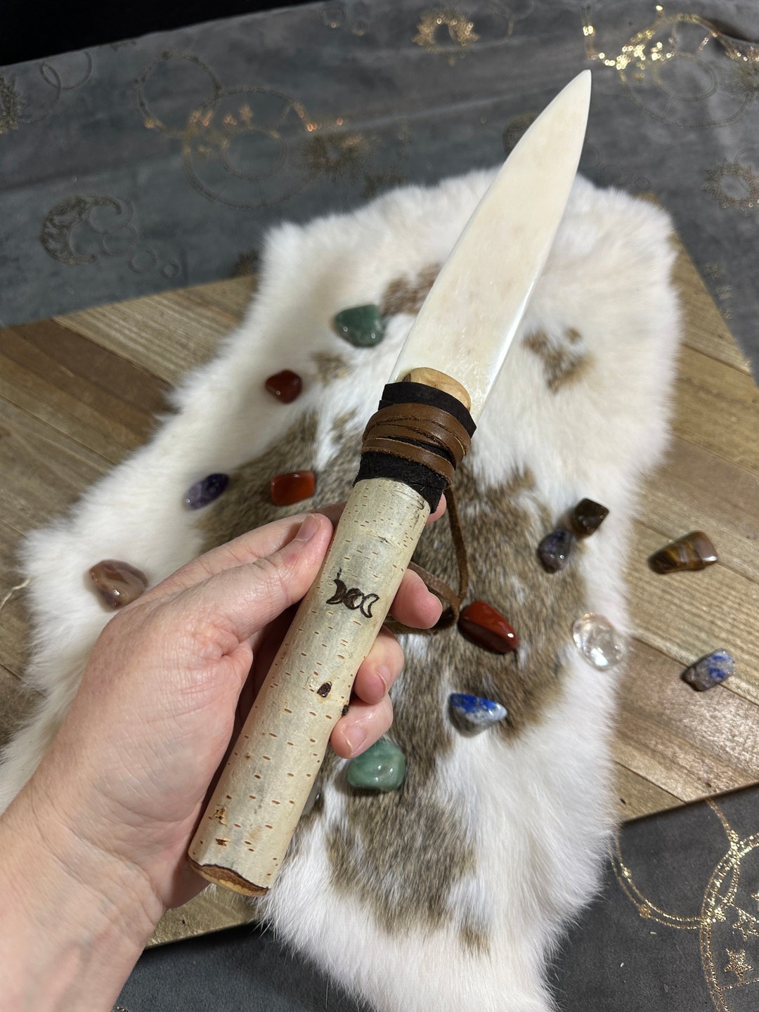 All Natural Athame- Buffalo Bone Blade - Blue Star Pentagram - Handmade - Birch Wood Leather ...