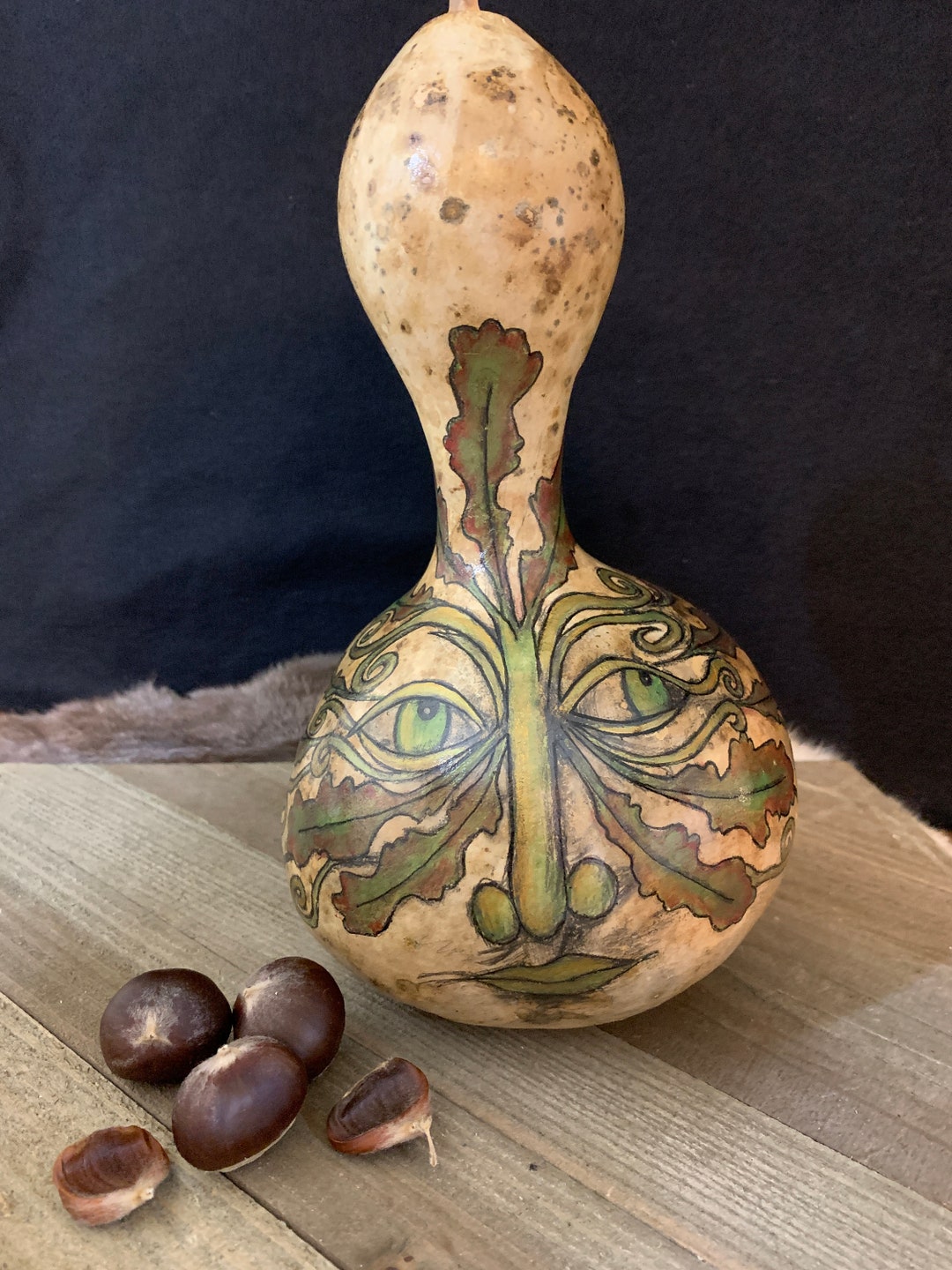 Green Man Horned God - Illustrated Gourd Sculpture - Pagan Wiccan New ...