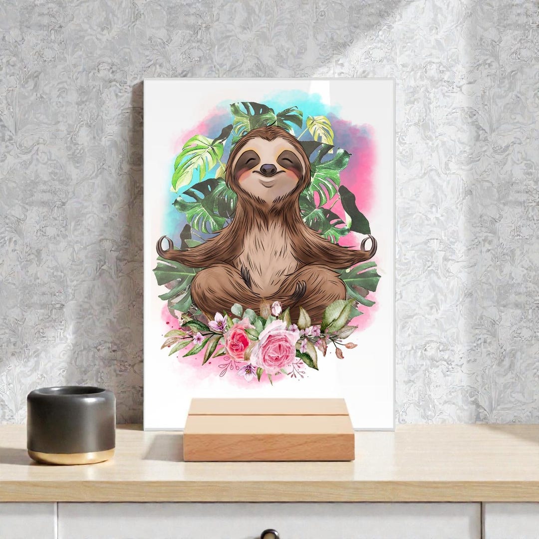 Mindful Sloth Acrylic Plaque | Floral Desk Decor With Wooden Stand - Etsy