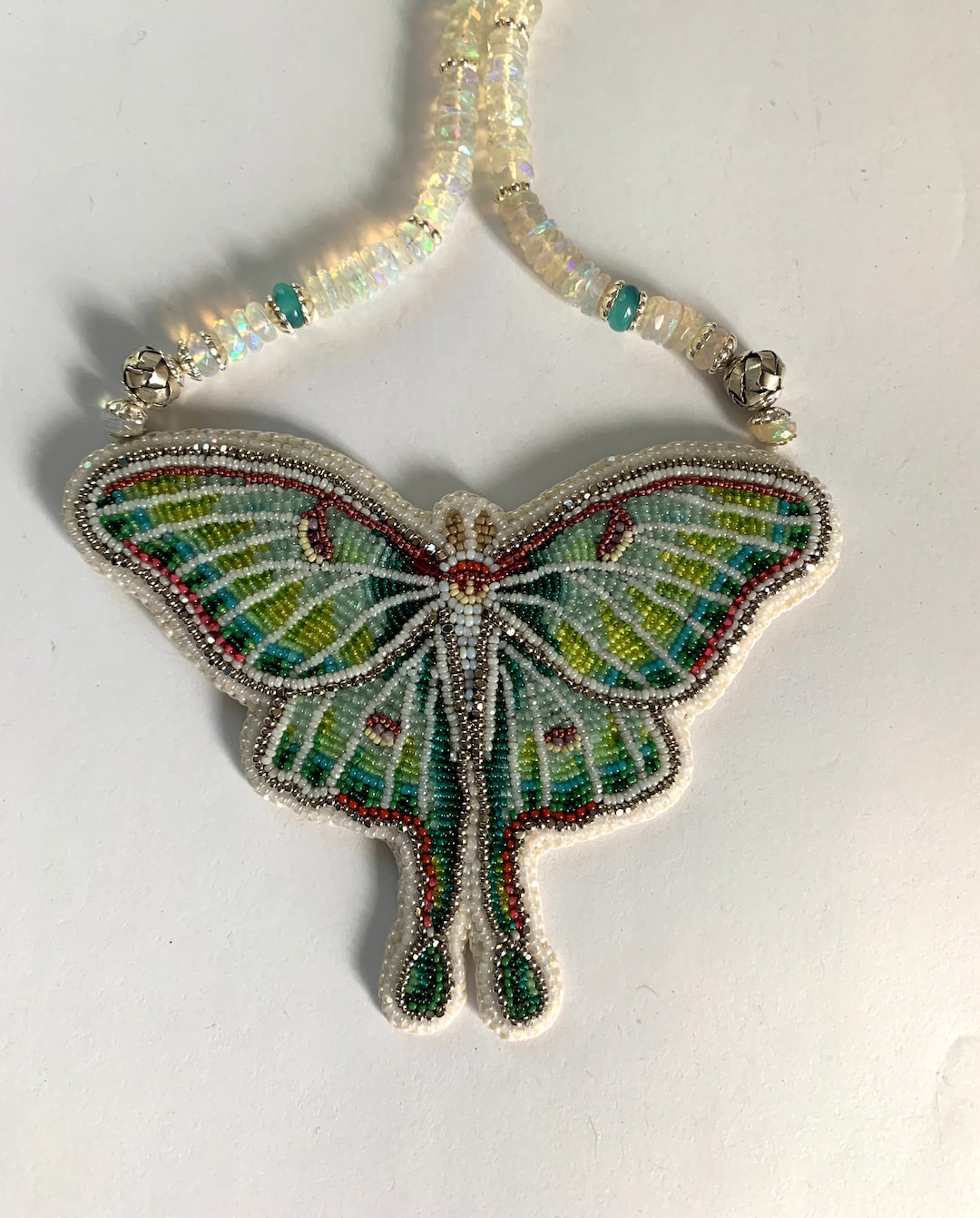Beaded Luna Moth Necklace With Opal Necklace, Micro Bead Embroidery by ...