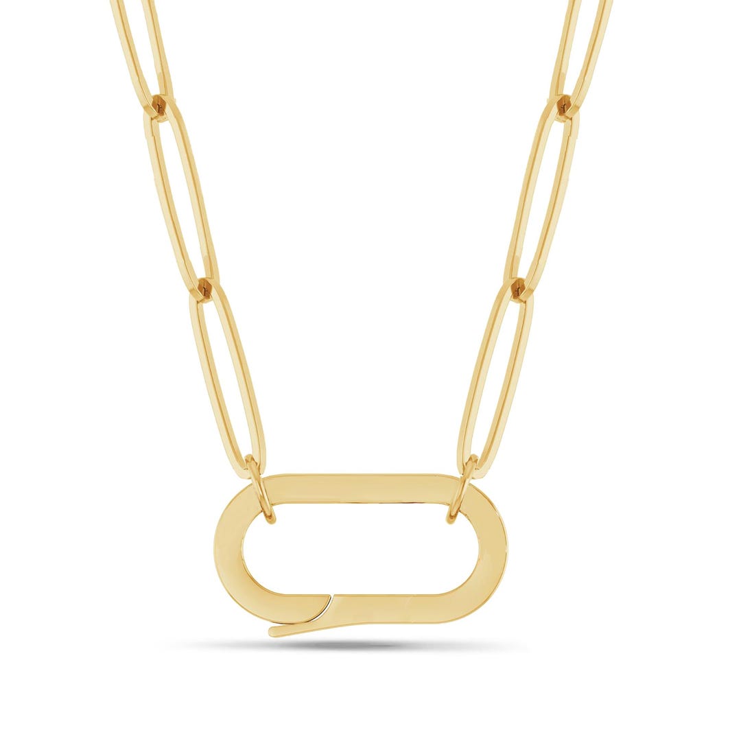 14K Solid Gold Paperclip Necklace With Charm Clip, Gold Lock, Charm ...