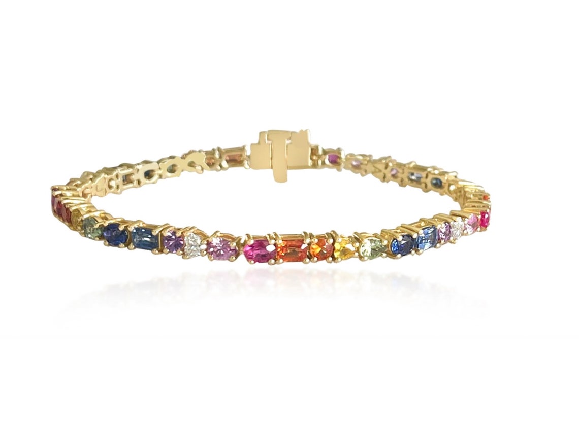 Rainbow Tennis Bracelet 14K Solid Gold Natural Genuine - Etsy