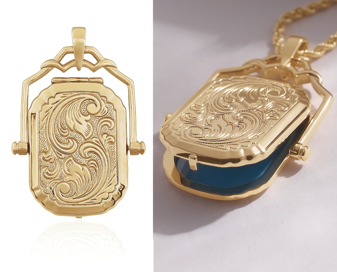 14K Gold Locket Necklace, Large Gold Filigree Swivel Locket, Photo ...