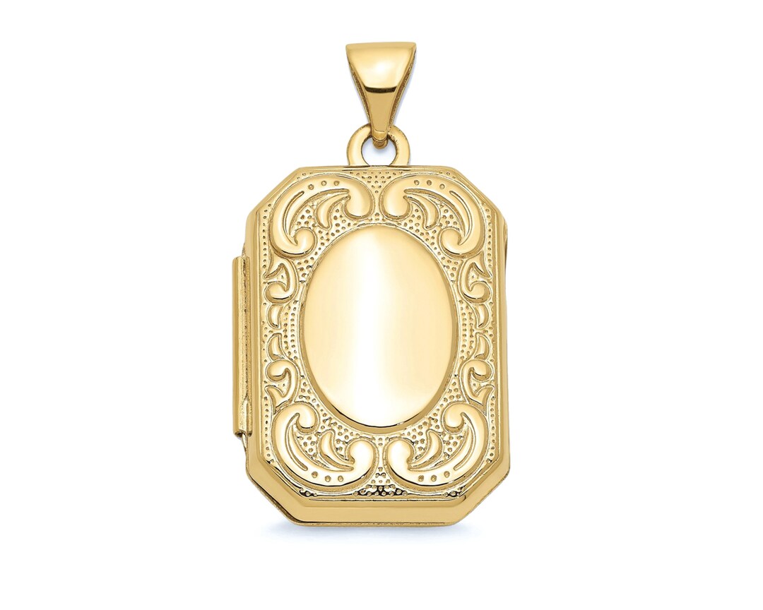 14K Gold Rectangular Engravable Locket, Filigree Photo Locket, Picture ...