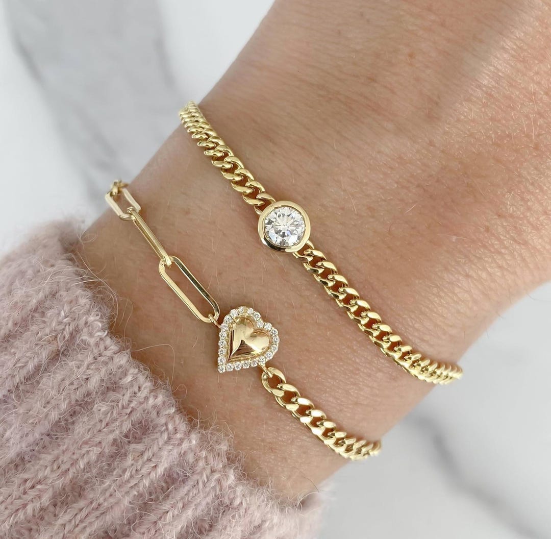 Bezel Diamond Cuban Link Chain 14k Gold Curb Link Bracelet With Heart ...