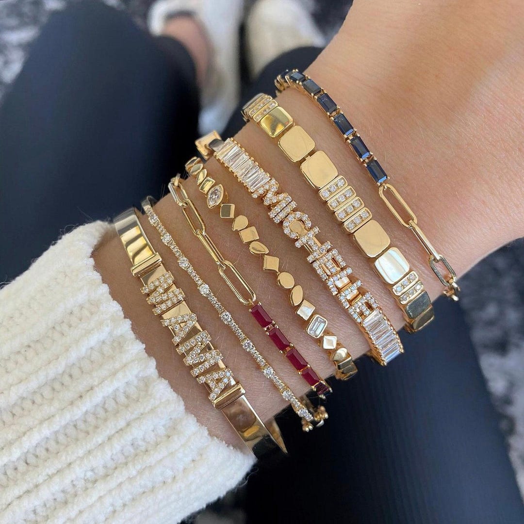 Custom Made Diamond Name Bracelet 14K Solid Gold | Personalized Diamond ...