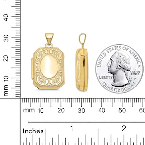 14K Gold Rectangular Engravable Locket, Filigree Photo Locket, Picture ...