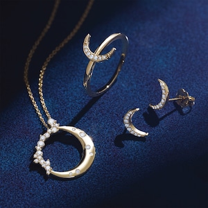 Diamond Crescent Moon Necklace 14k Solid Gold Diamond Necklace for ...