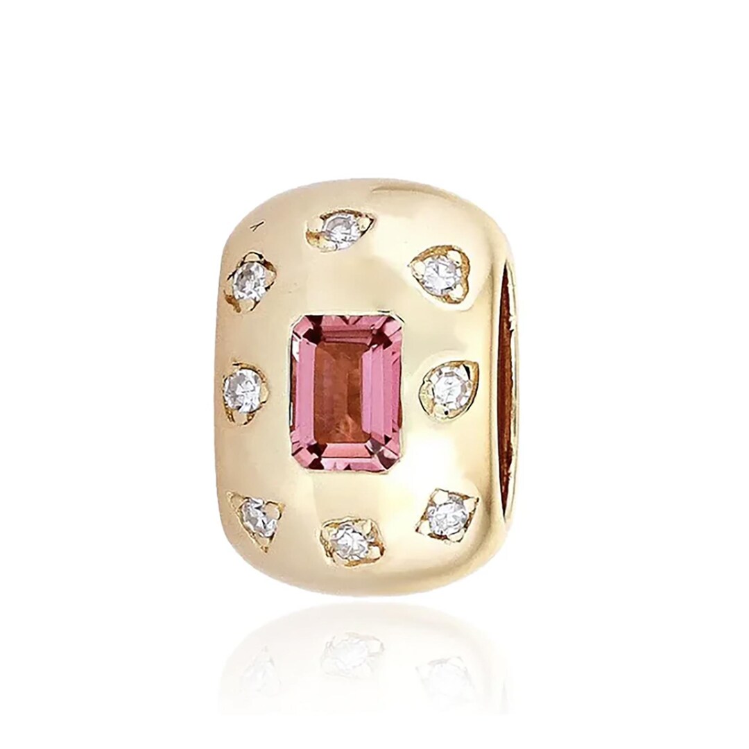 14K Large Pink Tourmaline and Diamond Bead Spacer, Diamond Connector ...