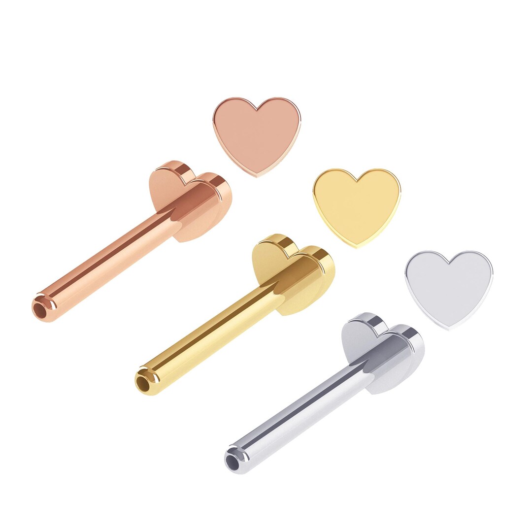 Heart Shaped 18K 14K Solid Gold Threadless Flat Back Stud Labret Bar ...