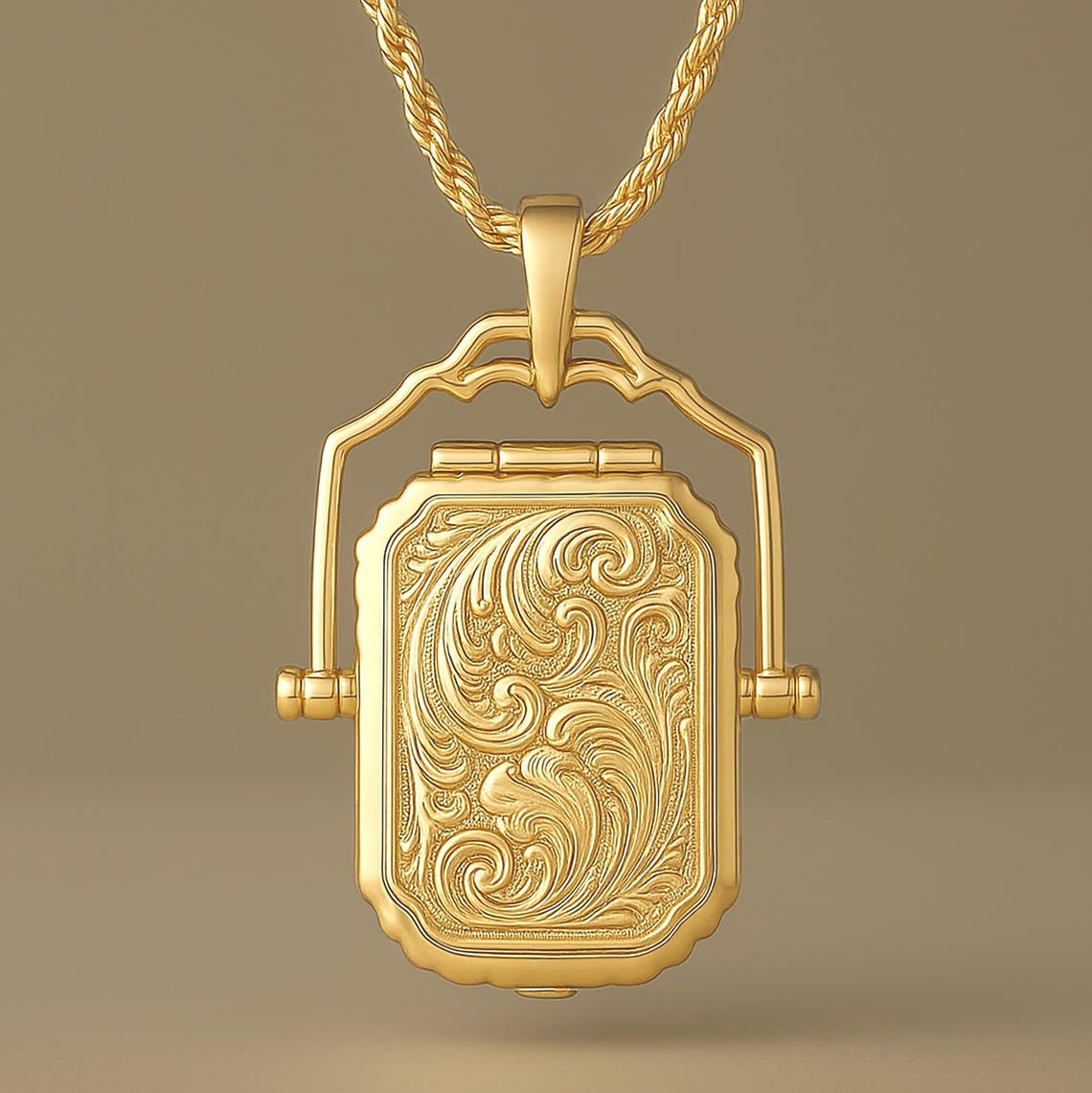 14K Gold Locket Necklace, Large Gold Filigree Swivel Locket, Photo ...