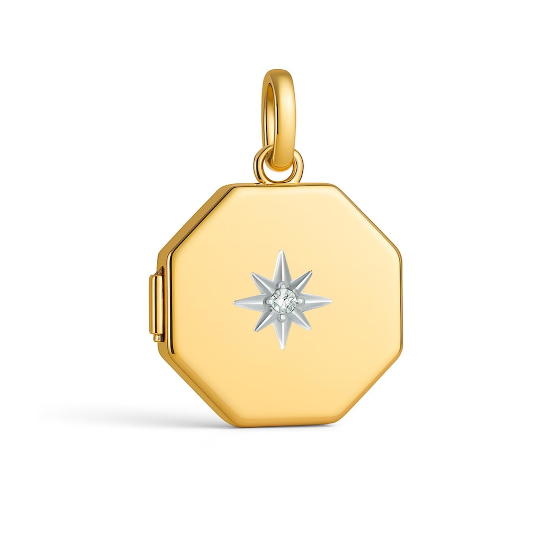 14K Solid Gold North Star Locket | Octagon Diamond Starburst Pendant ...