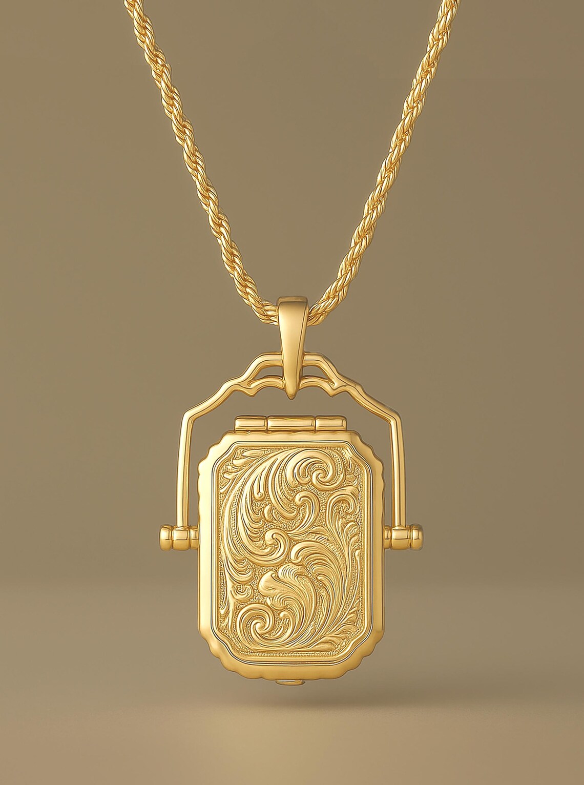 14K Gold Locket Necklace, Large Gold Filigree Swivel Locket, Photo ...