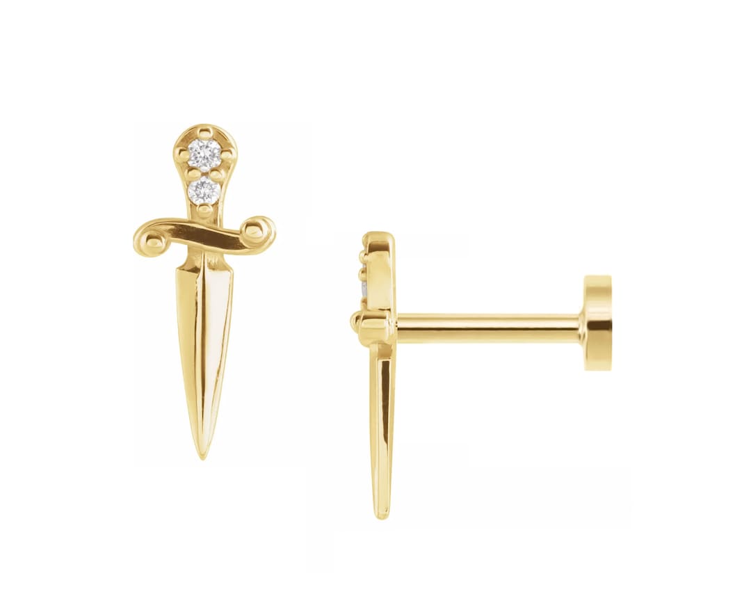 Diamond Dagger Earrings 14k Solid Gold Tragus Stud Threadless - Etsy