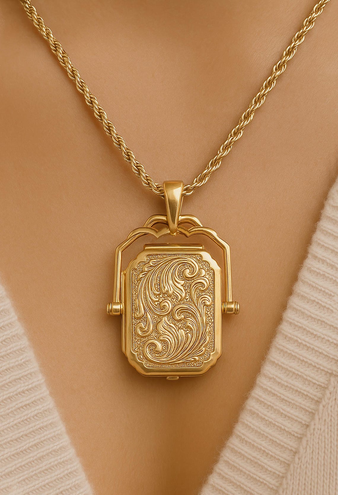 14K Gold Locket Necklace, Large Gold Filigree Swivel Locket, Photo ...