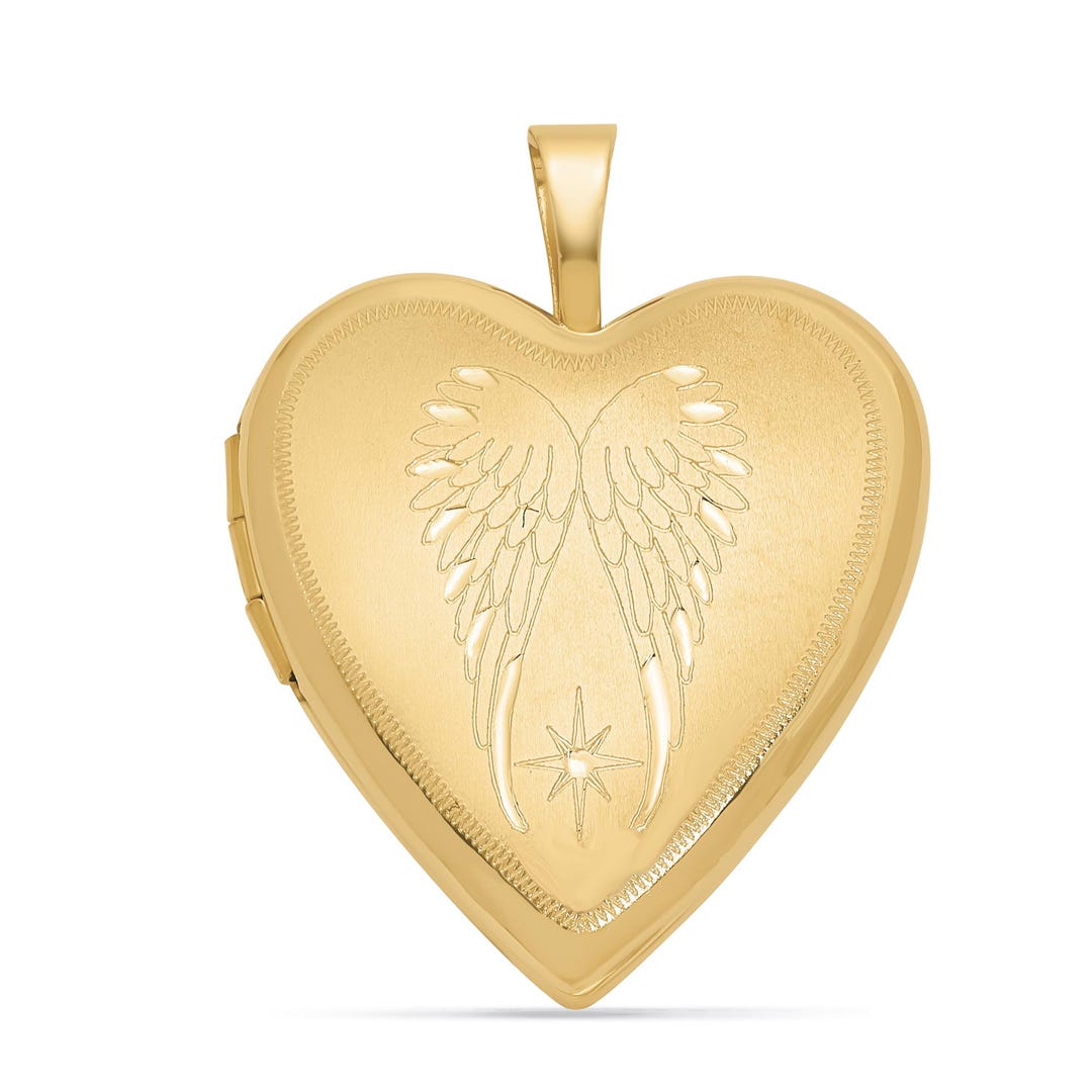 Angel Wing Locket 14K Solid Gold Heart Locket North Star and Guardian ...