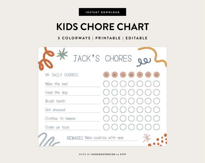Kids Chore Chart Printable - Chore Chart Template, Toddler Chore Chart ...