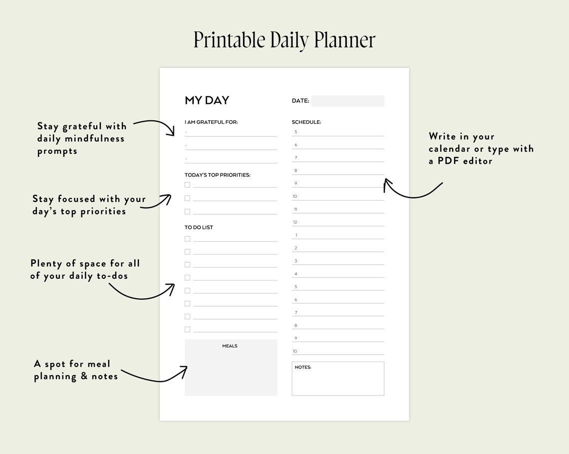 Printable Daily Planner PDF, Daily Schedule, Daily to Do List, Undated ...