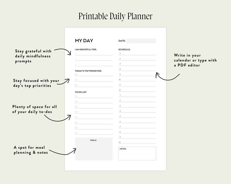 Printable Daily Planner PDF, Daily Schedule, Daily to Do List, Undated ...