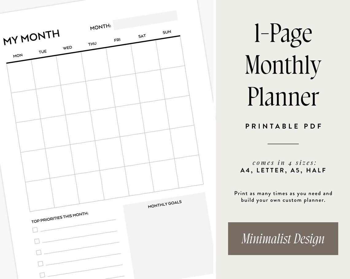 Monthly Planner Printable Month on One Pages Monthly - Etsy