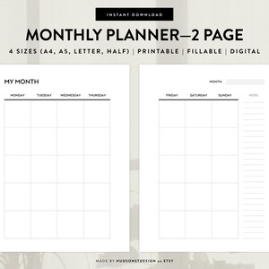 Monthly Planner Printable, Month on One Pages, Monthly Calendar Inserts ...