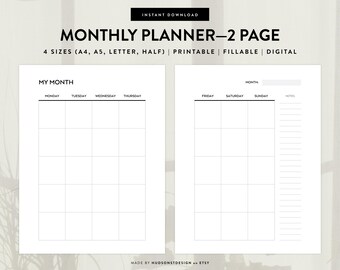 Monthly Planner Printable, Month on One Pages, Monthly Calendar Inserts ...
