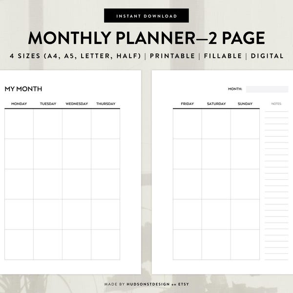 Monthly Planner Printable, Month on One Pages, Monthly Calendar Inserts ...