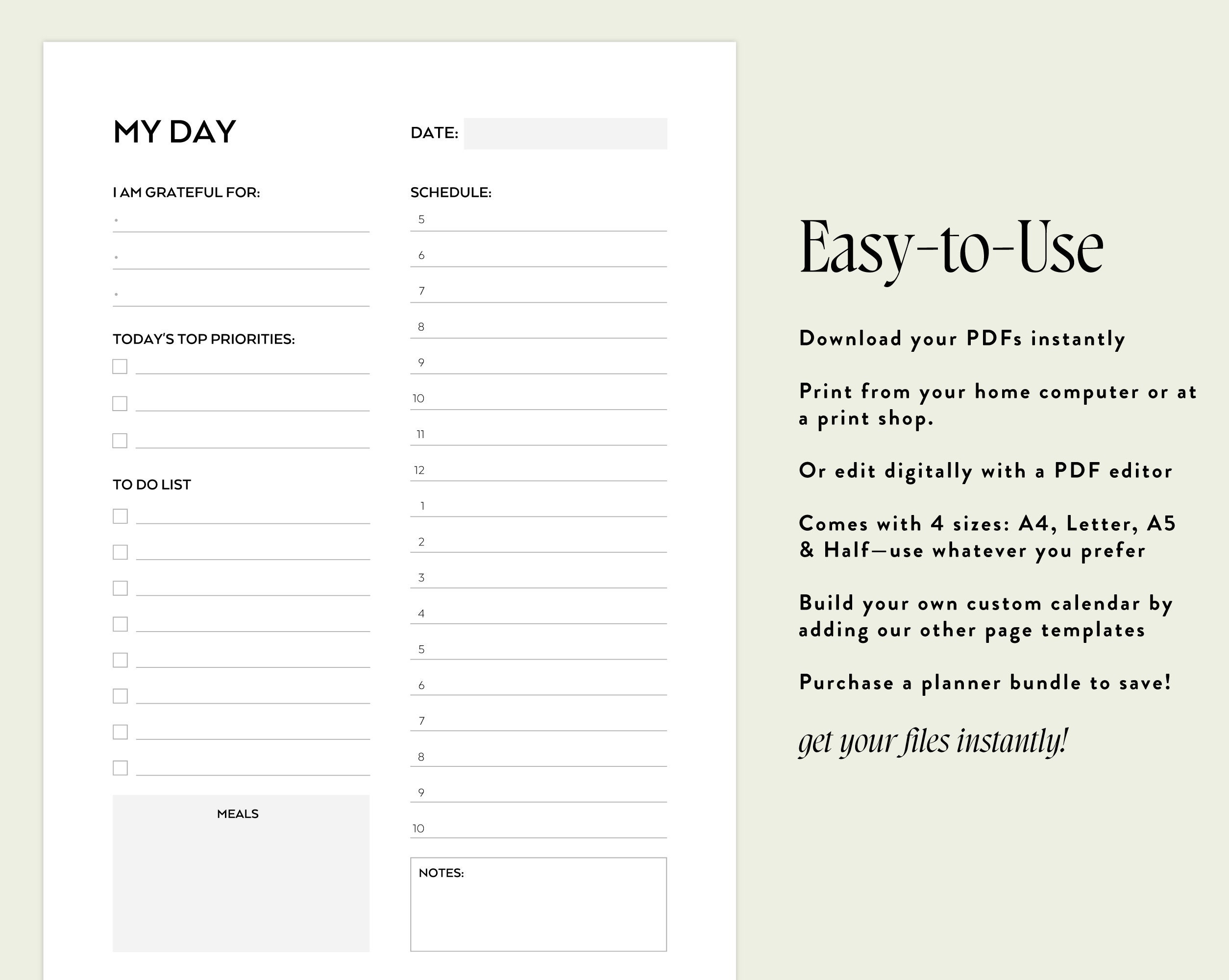 Printable Daily Planner PDF, Daily Schedule, Daily to Do List, Undated ...