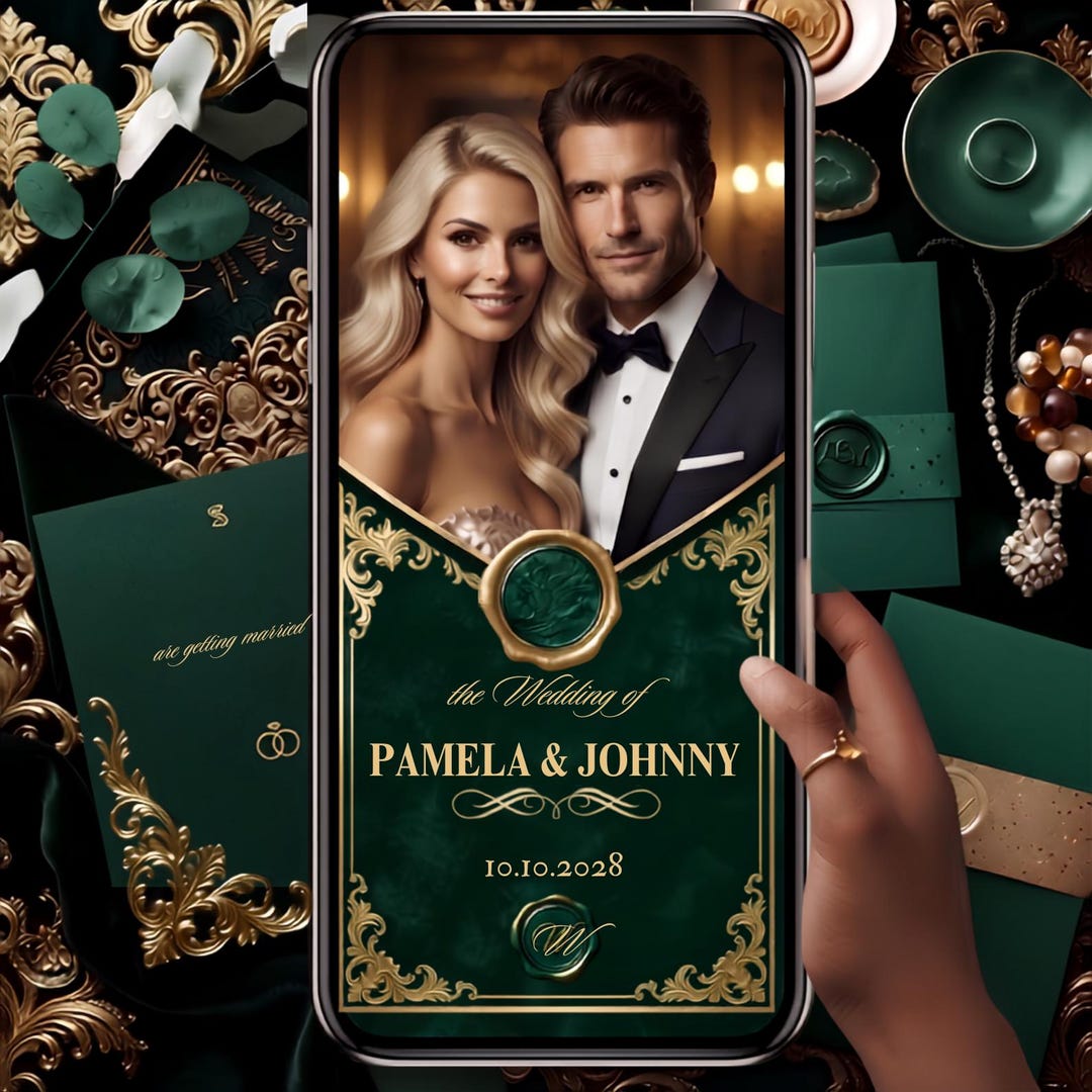 Emerald Gold Luxury Mobile Wedding Invitation Template (canva Editable ...