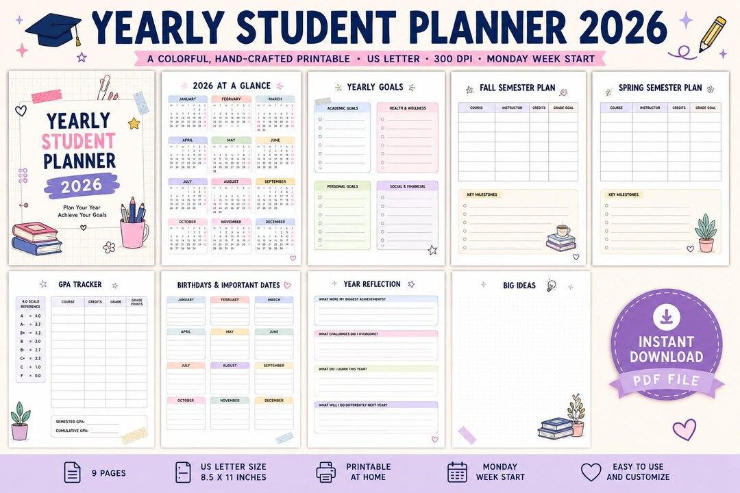 2026 Student Planner Printable, Academic Organizer, GPA Tracker (PDF ...