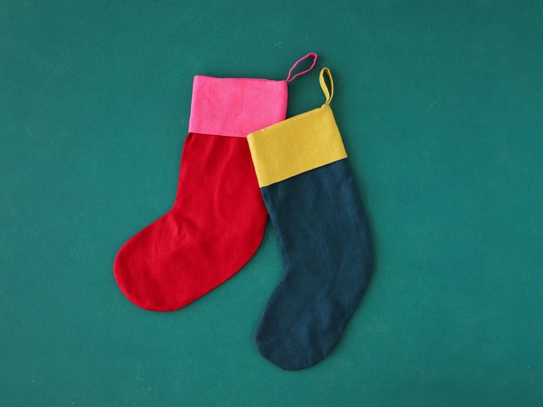 Multi Color Christmas Stocking, Color Blocked Linen Stockings, Teal ...