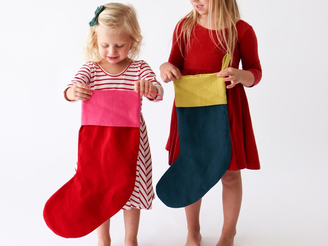 Color Blocked Linen Christmas Stocking, Modern Pink Stocking, Hot Pink ...