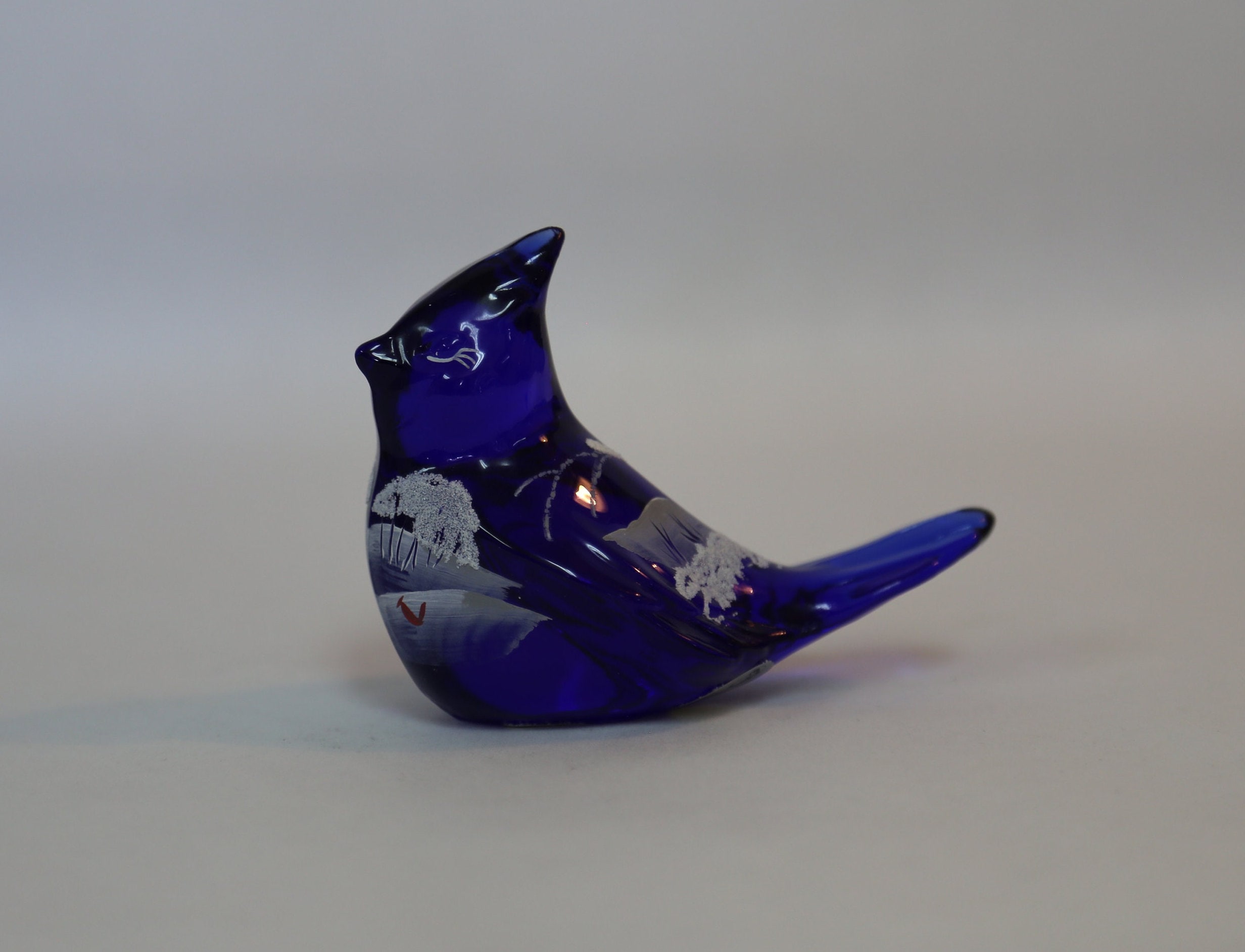 Fenton Art Glass Cobalt Blue Jay Hand Painted Winter Scene Bird ...