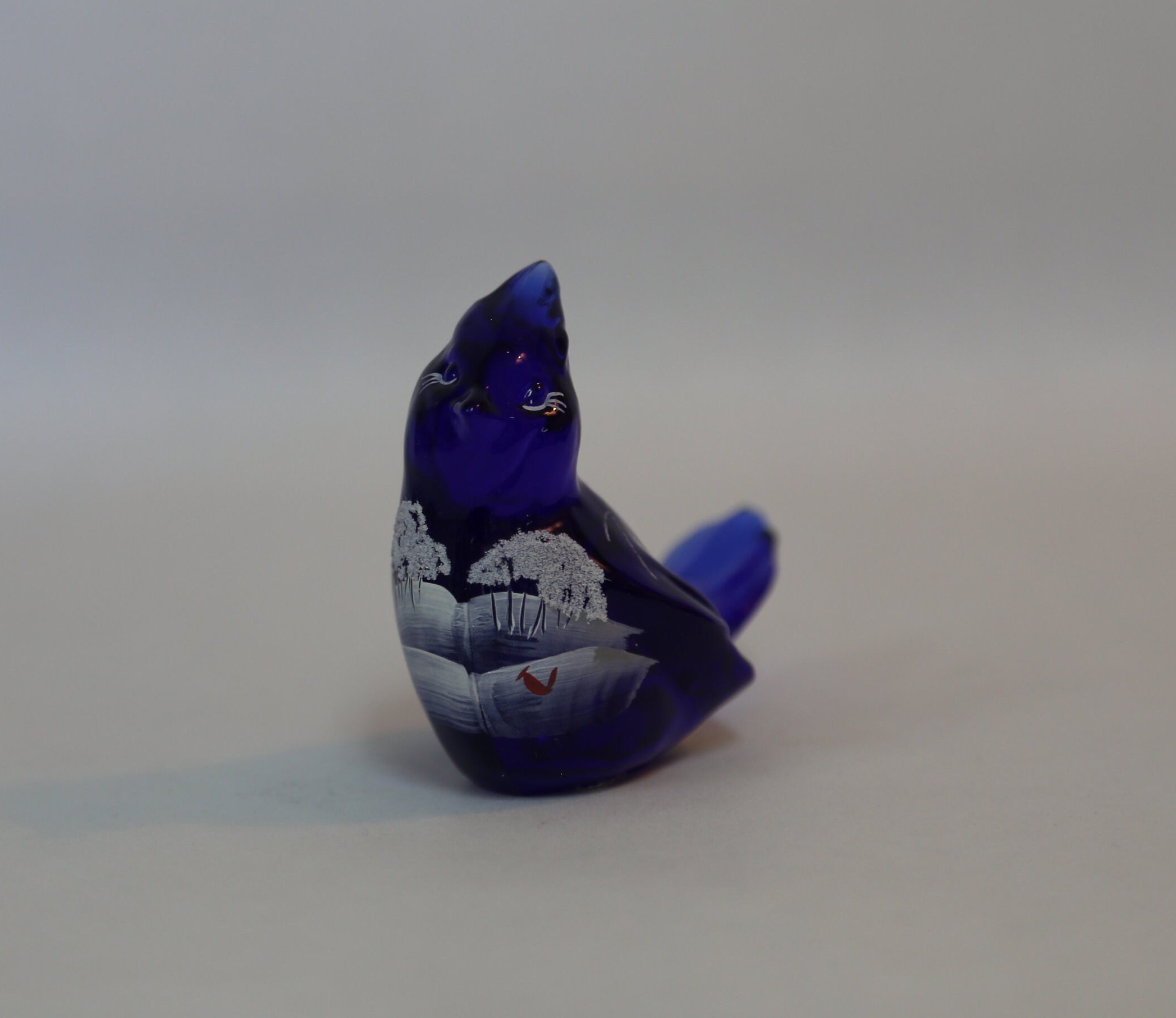Fenton Art Glass Cobalt Blue Jay Hand Painted Winter Scene Bird ...